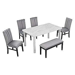 BIADNBZ Set for 6 with Marble Veneer Table and 4 Flannelette Upholstered Dining Chairs & Bench for Kitchen, White+Gray