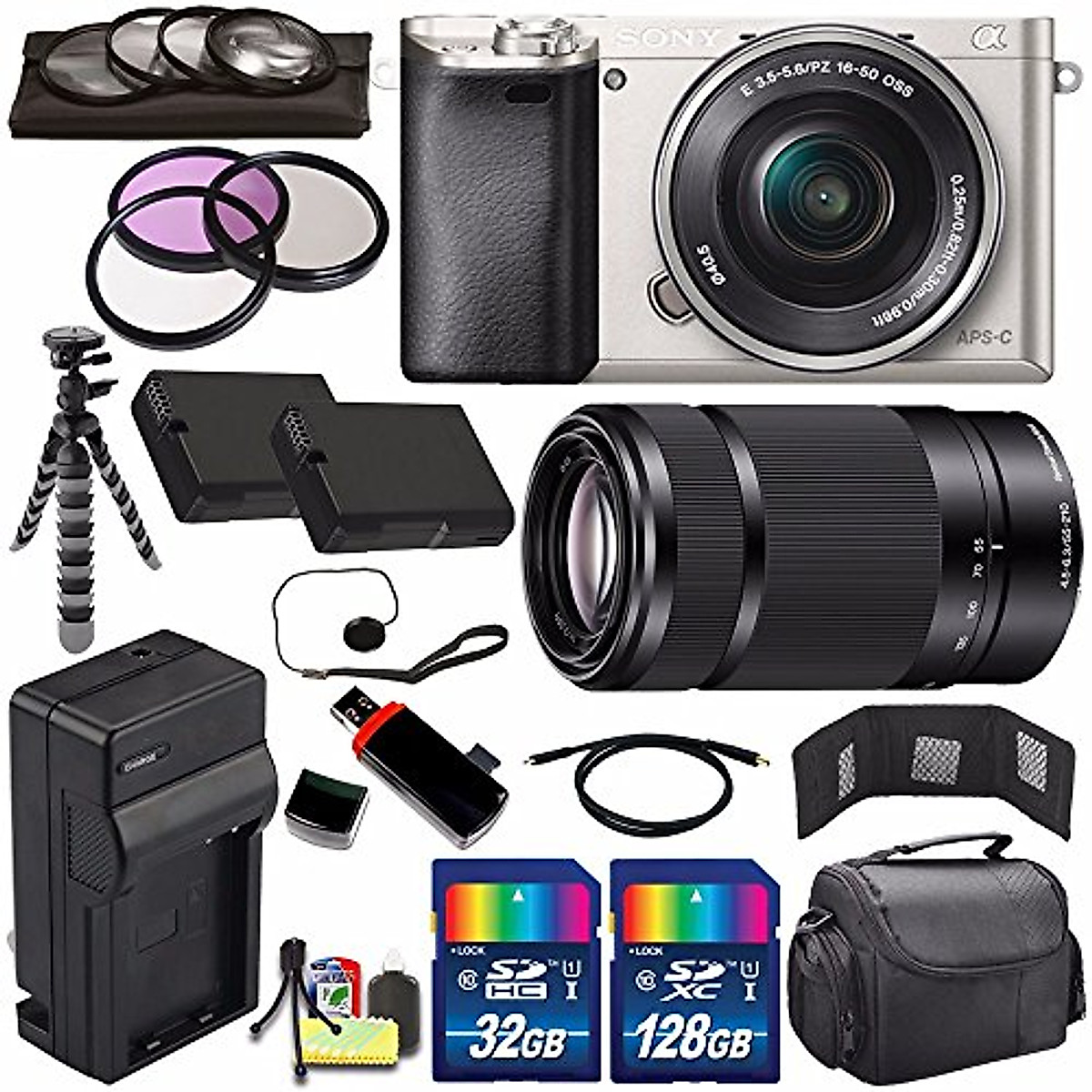 Sony Alpha a6000 Mirrorless Digital Camera with 16-50mm Lens (Silver) + Sony E 55-210mm f/4.5-6.3 OSS E-Mount Lens 160GB Bundle 26 - International Version (No Warranty)