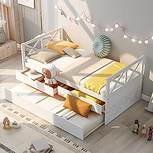 LZ LEISURE ZONE Twin Size House Bed, Solid Wood Platform Bed with Trundle, 3 Storage Drawers and Roof, White