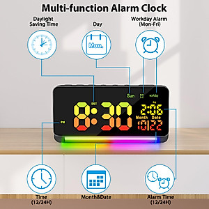 120db Super Loud Alarm Clocks for Heavy Sleepers adults , 15 Wake Up Sounds Alarm Clock for Heavy sleepers , 7 Color Night Light, Dynamic RGB Color , 0-100% Dimmer, Snooze, DST , Large LED Display