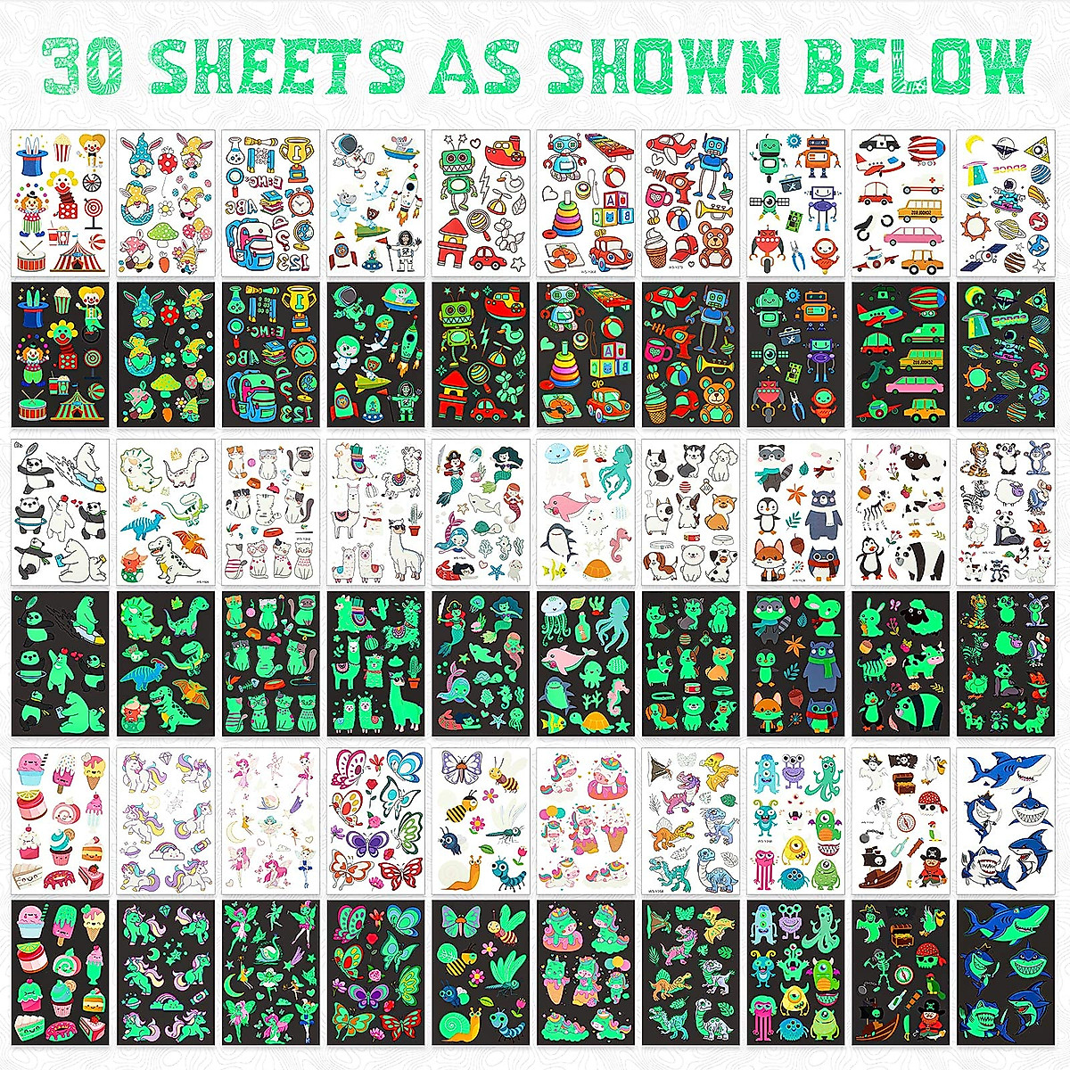 Sinmoe 400 Pieces Glow Temporary Tattoos for Kids Waterproof Luminous Mixed Style Cartoon Tattoo, Unicorn Dinosaur Mermaid Animal Fake Tattoo Stickers Party Supplies, 30 Sheets