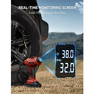 AstroAI Cordless Tire Inflator Air Compressor 20V Rechargeable Battery Powered 160PSI Portable Air Pump with 12V Car Power Adapter Digital Pressure Gauge for Cars Motorcycles JY16P160-18（C2）Red