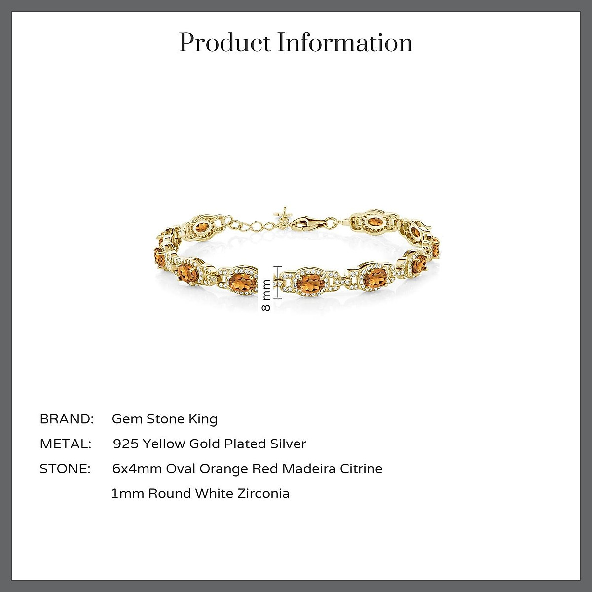Gem Stone King 18K Yellow Gold Plated Silver Orange Red Madeira Citrine Tennis Bracelet For Women (8.00 Cttw, Gemstone Birthstone, 7 Inch With 1 Inch Extender)
