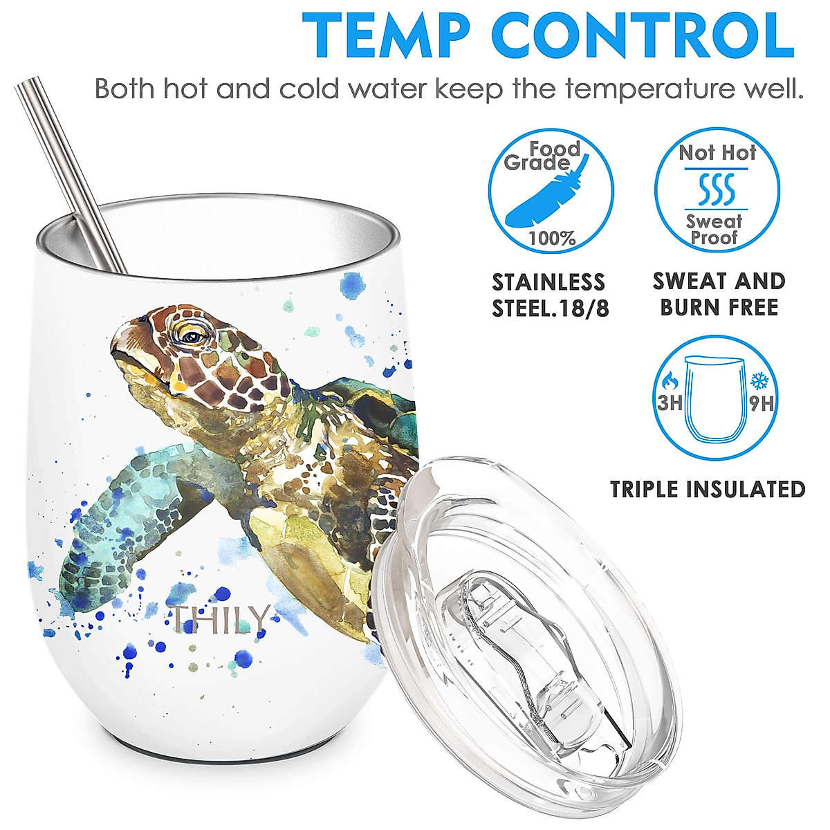 THILY Wine Tumbler Stainless Steel Insulated Stemless Wine Glass with Lid and Straw, Cute Travel Cup Keep Cold for Coffee, Cocktails, Special Collection, Sea Turtle