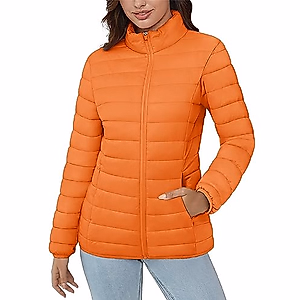 MAGCOMSEN Puffer Coat Women Winter Ultra-light Quilted Padded Jacket with 4 Pockets Full Zip Stand Collar Warm Coat, Orange M