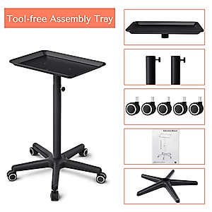 TASALON Salon Tray on Wheels, Adjustable Salon Rolling Tray for Hairstylist Must Haves, Aluminum Tattoo Tray with Wheels, Black Salon Trolley Cart for Beauty, Tattoo Supplies, Salon Equipment