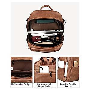 FADEON Leather Laptop Backpack Purse for Women Laptop Backpacks, Designer Mutiple Pockets Ladies Shoulder Bags Brown