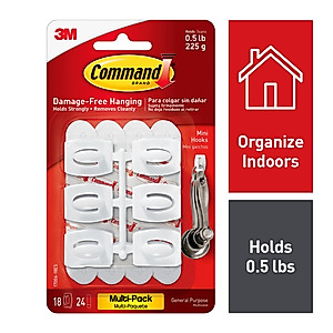 Command Mini Light Clips, Damage Free Hanging Light Clips with Adhesive Strips, No Tools Mini Wall Hooks for Hanging Decorations in Living Spaces, 18 White Wall Hooks and 24 Command Strips
