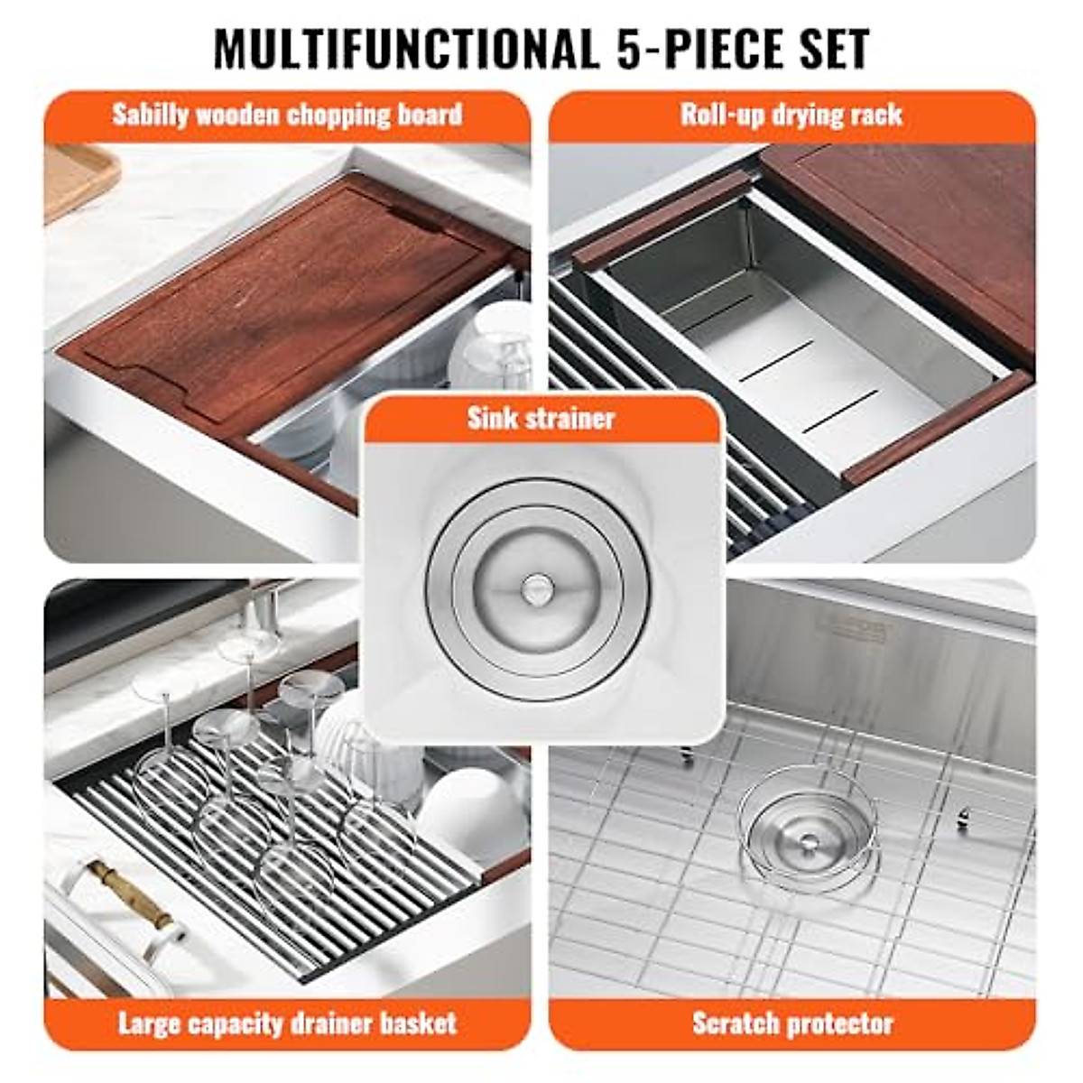 VEVOR Farmhouse Kitchen Sink, 304 Stainless Steel Drop-In Sinks, Top Mount Single Bowl Basin with Ledge & Accessories, Household Dishwasher Sinks for Workstation, Prep Kitchen, and Bar Sink, 30 inch