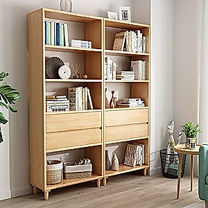 IOTXY Floorstanding Wooden Bookcase with Legs - 67" Tall Open Shelves Cube Billy Bookshelf with Drawers for Home and Office, Oak