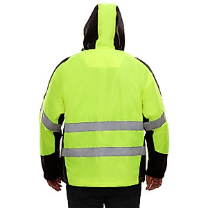 Reflective Apparel High Visibility Hooded Windbreaker Safety Jacket - ANSI Class 2 Compliant, Water-Resistant Shell - Lime, Large