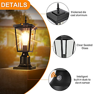 LEDMO Post Light with Pier Mount Base Dusk to Dawn, 60W Outdoor Waterproof Lamp Post Fixture, Exterior Lamp Post Lantern Head with Clear Seeded Glass for Garden, Patio, Pathway