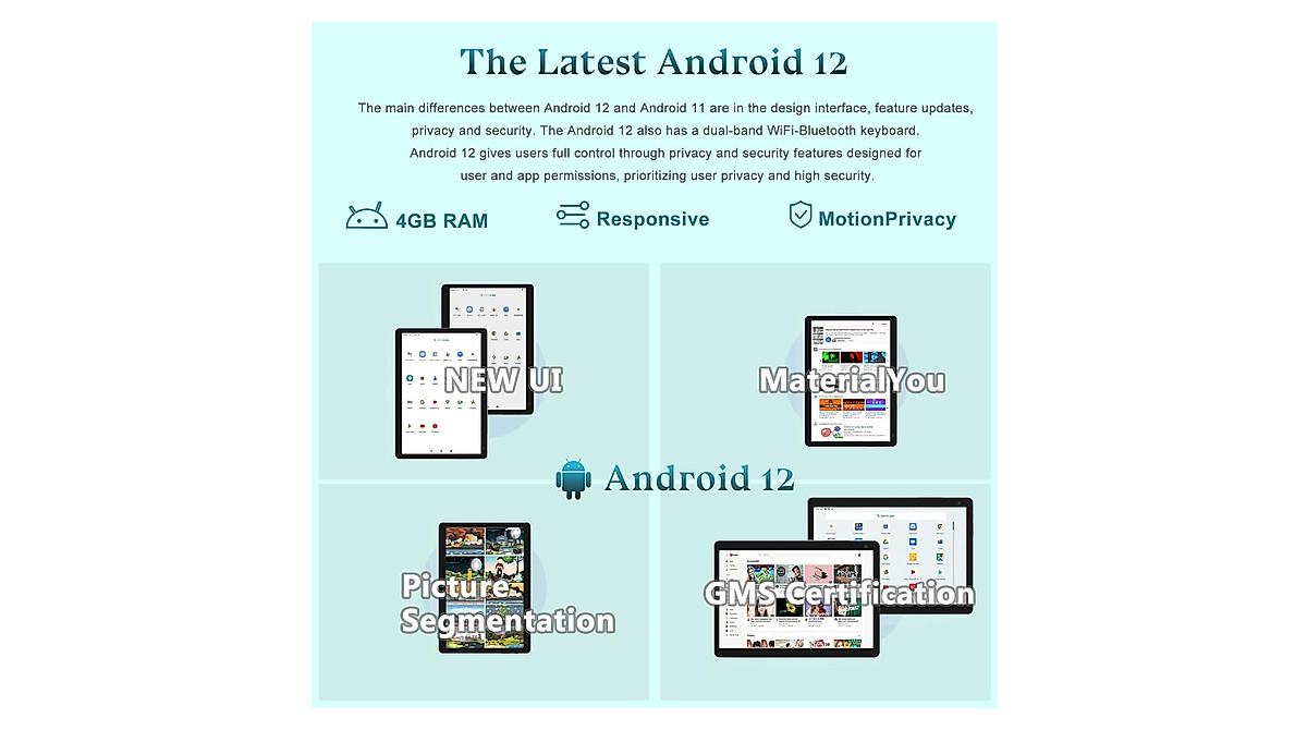 Android 12 Tablet with Keyboard - 10.1 Inch HD Display & 4GB RAM