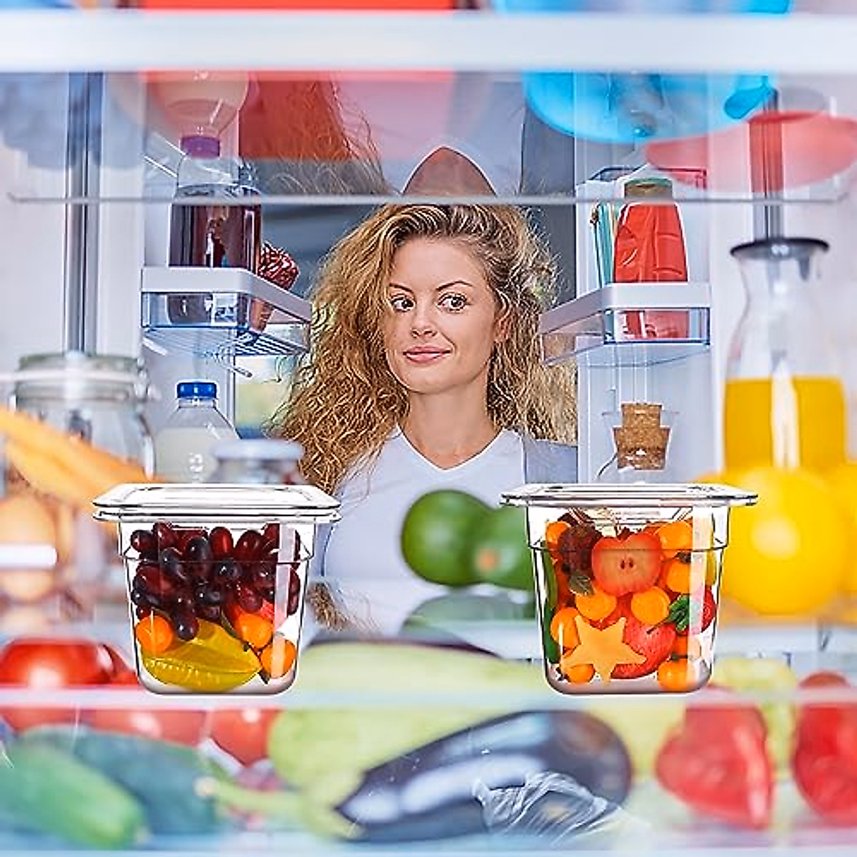 Ujuuu 6 Pack Plastic Clear Food Pan with Lid 1/6 Size 7 Inch Deep Stackable Acrylic Square Container Polycarbonate Food Storage for Hotel Restaurant Kitchen Food Prep Storage (2.2L)