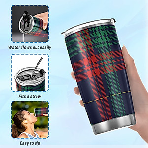 Yasala Tumbler Tartan Plaid Classic Red Green Insulated Coffee Cup Beverage Container Travel Mug with Straw and Lid Double Wall Stainless Steel 20oz BPA-Free for Sport, Back to School