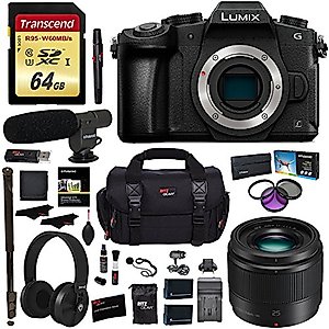 Panasonic LUMIX DMC-G85KBODY 4K Mirrorless Interchangeable Lens Camera Black, LUMIX G Lens 25mm H-H025K, Filter Kit, 64GB Memory and Accessory Bundle