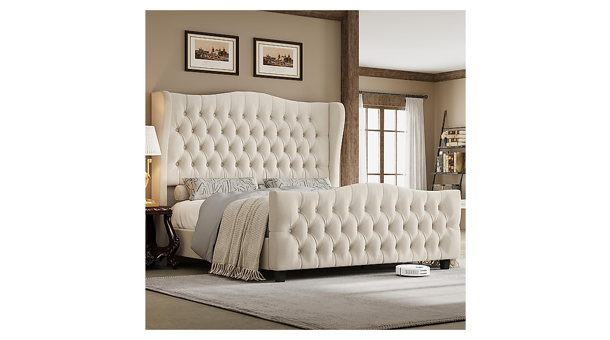 Keyluv Queen Size Velvet Platform Bed Frame with Wingback Headboard