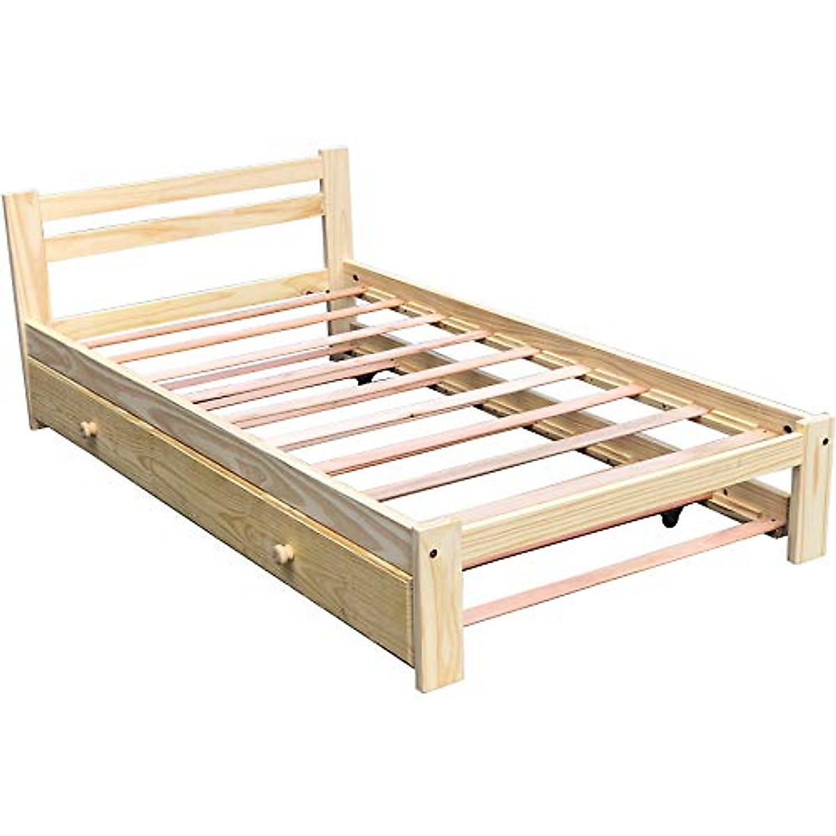Twin Trundle Bed Wooden Bed Solid Pine Wood with Slats Support Unfinished Single Wooden Bed Frame Suitable for Bedroom and Wheeled Trundle Bed
