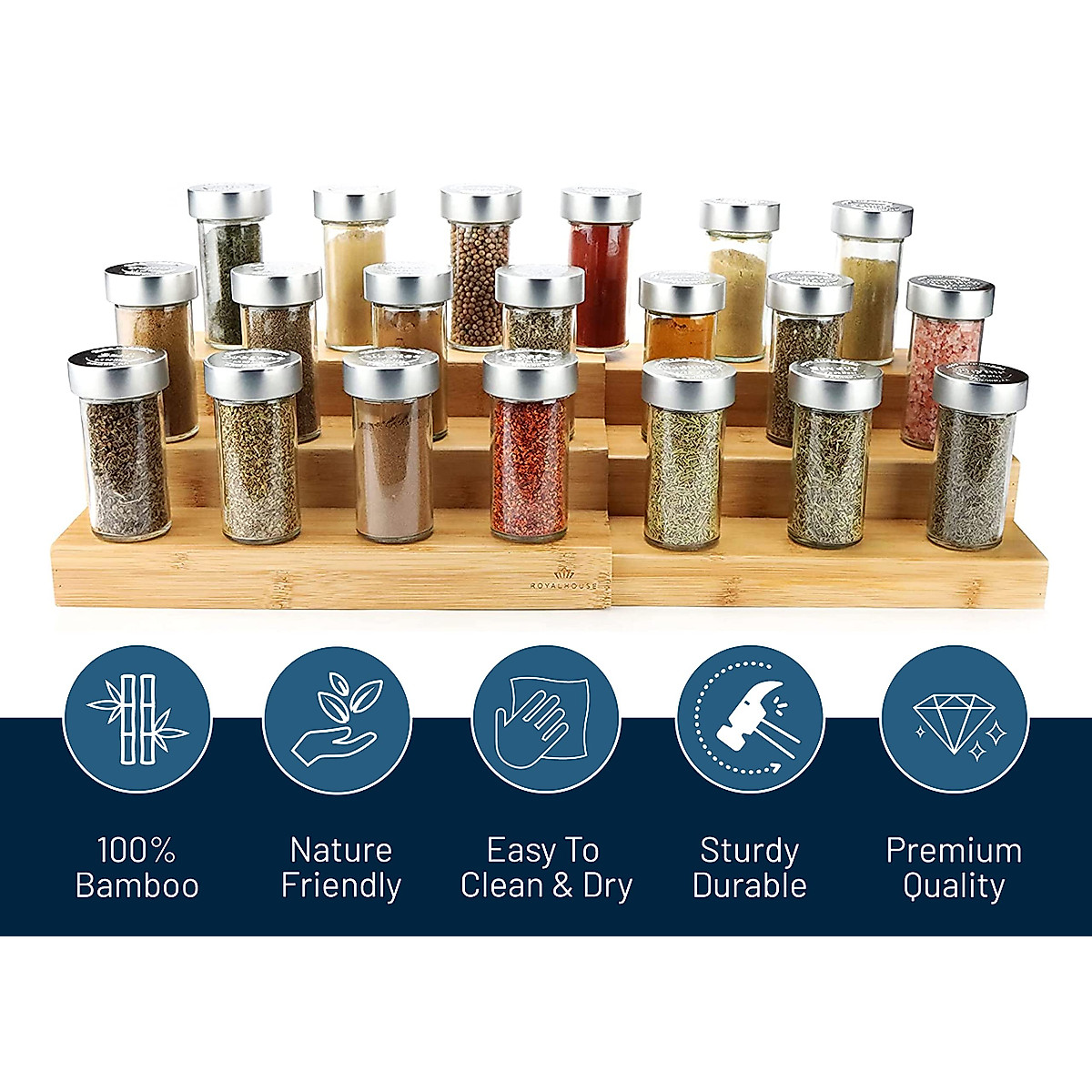 RoyalHouse Bamboo Expandable Spice Rack Organizer 3-Tier Kitchen Cabinet Space Space Saver Countertop Display Shelf