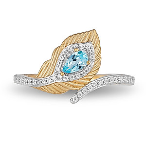 Jewelili Enchanted Disney Fine Jewelry 10K Yellow Gold 1/6 Cttw Diamond and Swiss Blue Topaz Jasmine Peacock Feather Ring Size 8