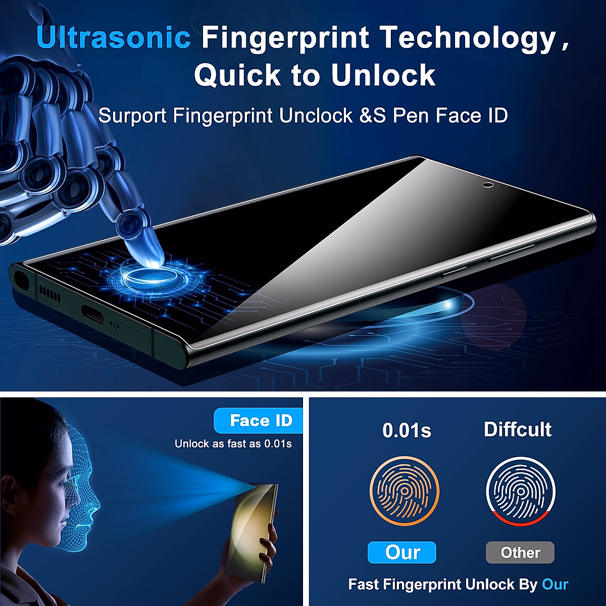 Arshek [2+2 Pack] Galaxy S22 Ultra Privacy Screen Protector, 9H Tempered Glass, Ultrasonic Fingerprint Support, 3D Curved, HD Clear Anti-Spy Film for Samsung S22 Ultra 5G Glass Screen Protector