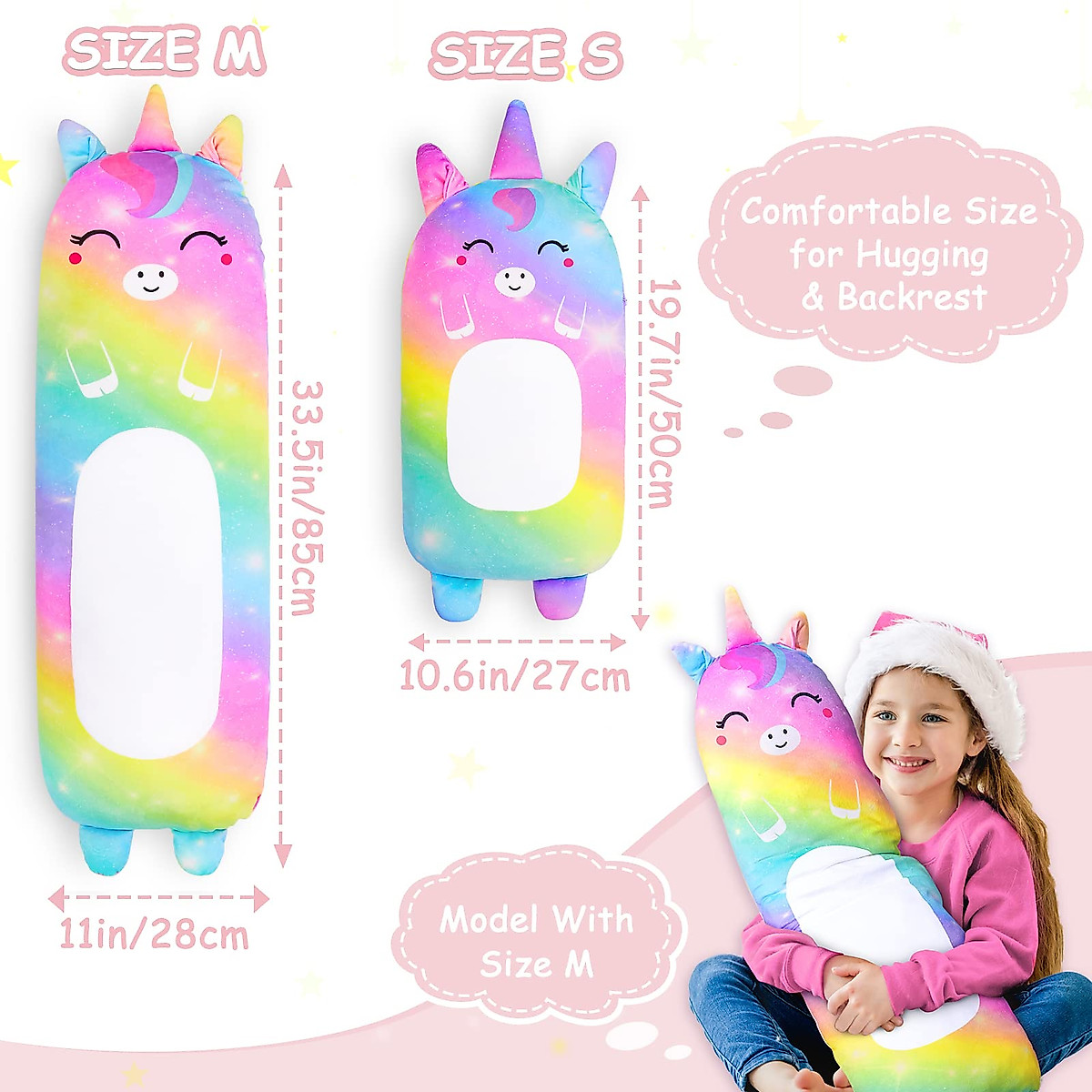 Body Pillow for Kids Girls Long Unicorn Pillow Soft Plush Unicorn Stuffed Animals with Removable Insert, 33 Inch, Rainbow