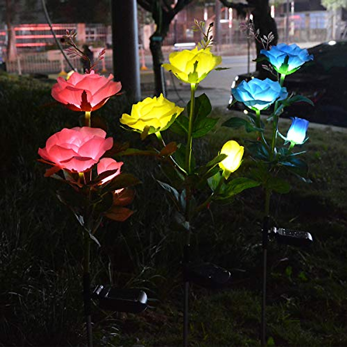 Abkshine Outdoor Rose Flowers Solar Stake Lights Waterproof Memorial Garden Stake for Garden Back Yard Lawn Grave Decor, Yellow