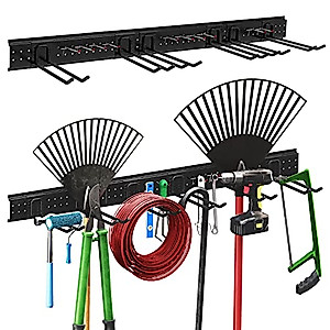 Stormann Tool Storage Rack Wall Mount Garage Tool Organizer Heavy Duty 16 Hooks Max Load to 600lbs for Power Tools, Shovels, Rakes, Brooms, Weeder, Leaf Blower ,and More