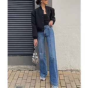 hathne Women's Cropped Bomber Jacket Button Up Casual Streetwear Bomber Jacket Coat with Pocket(L black)