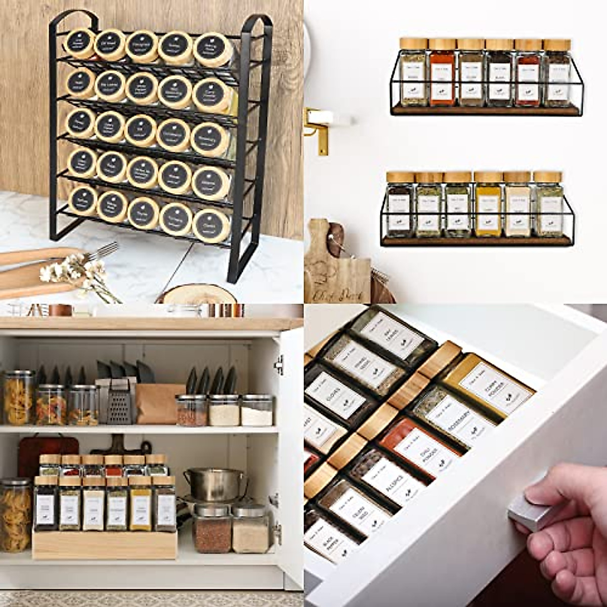 CUCUMI 25pcs Spice Jars with Labels 4oz Glass Spice Bottles with Bamboo Lids, Silicone Collapsible Funnel, Test Tube Brush and Chalk Marker, Seasoning Containers for Spice Rack, Cabinet and Drawer