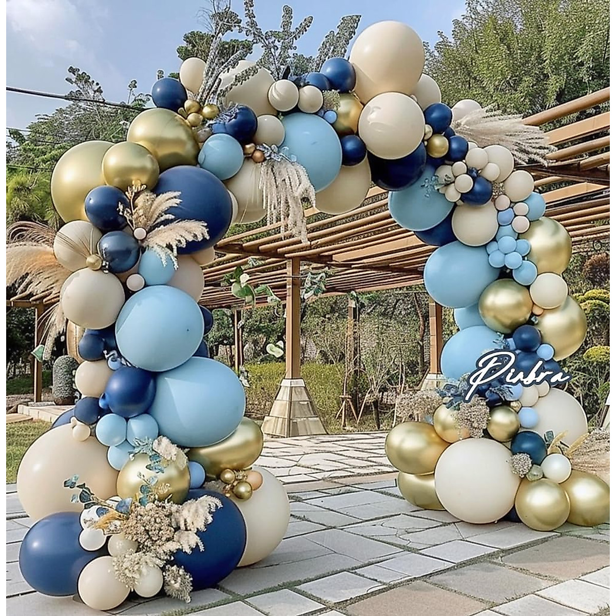 Navy Blue Balloon Garland Double Stuffed Dusty Blue White Sand Balloons Slate Blue Beige Cream Balloon Arch Kit Metallic Gold Balloons For Neutral Baby Shower Graduation Birthday Party Decoration