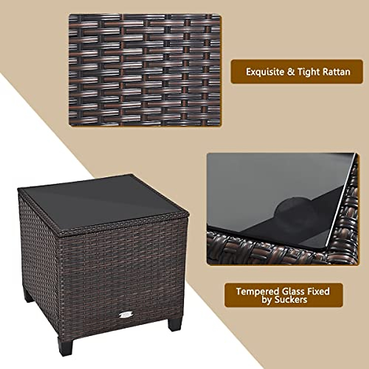 KOTEK 3 Piece Patio Furniture Set, Outdoor Conversation Set with Washable Cushions & Tempered Glass Tabletop, PE Rattan Wicker Bistro Set for Porch, Garden, Balcony (White)