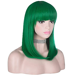 AMZCOS 15 Inch Short Straight Green Bob Wig with Bangs | Natural Heat Resistant Synthetic Hair for Women