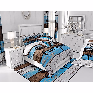 RV Camper Comforter Cover Queen Size,Happy Camping Wild Adventure Duvet Cover for Teenagers Bedroom Decor,Farmhouse Style Wood Barn Comforter Cover 3 Piece with Zipper Closure,Blue White