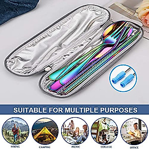 Travel Reusable Utensils Silverware with Case,Camping Cutlery set,Chopsticks and Straw for Camping, Portable Flatware Cutlery Set with Case, Stainless steel Travel Utensil set 8 Piece AF(Rainbow)