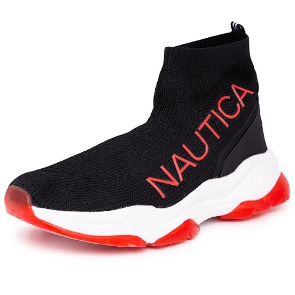 Nautica Men's High Top Sneakers Breathable Knit with Socks Ankle Support Slip-On Tennis Comfort Shoes for Fashion Gym Sports-Bowen Mens-Black Red-Size 13