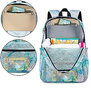 LEDAOU Mesh Backpack for Kids Girls Semi-Transparent Mesh School Backpack Bookbag Lightweight Casual Daypacks for Beach Gym(Marble Purple Blue Green)