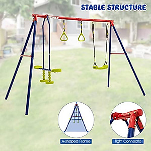 OLAKIDS Swing Sets for Backyard, Outdoor 3 in 1 A-Frame Heavy Duty Metal Stand for Kids and Adults, 440LBS Playground Activity Playset with Swing Seat, Glider, Trapeze Rings for Toddlers
