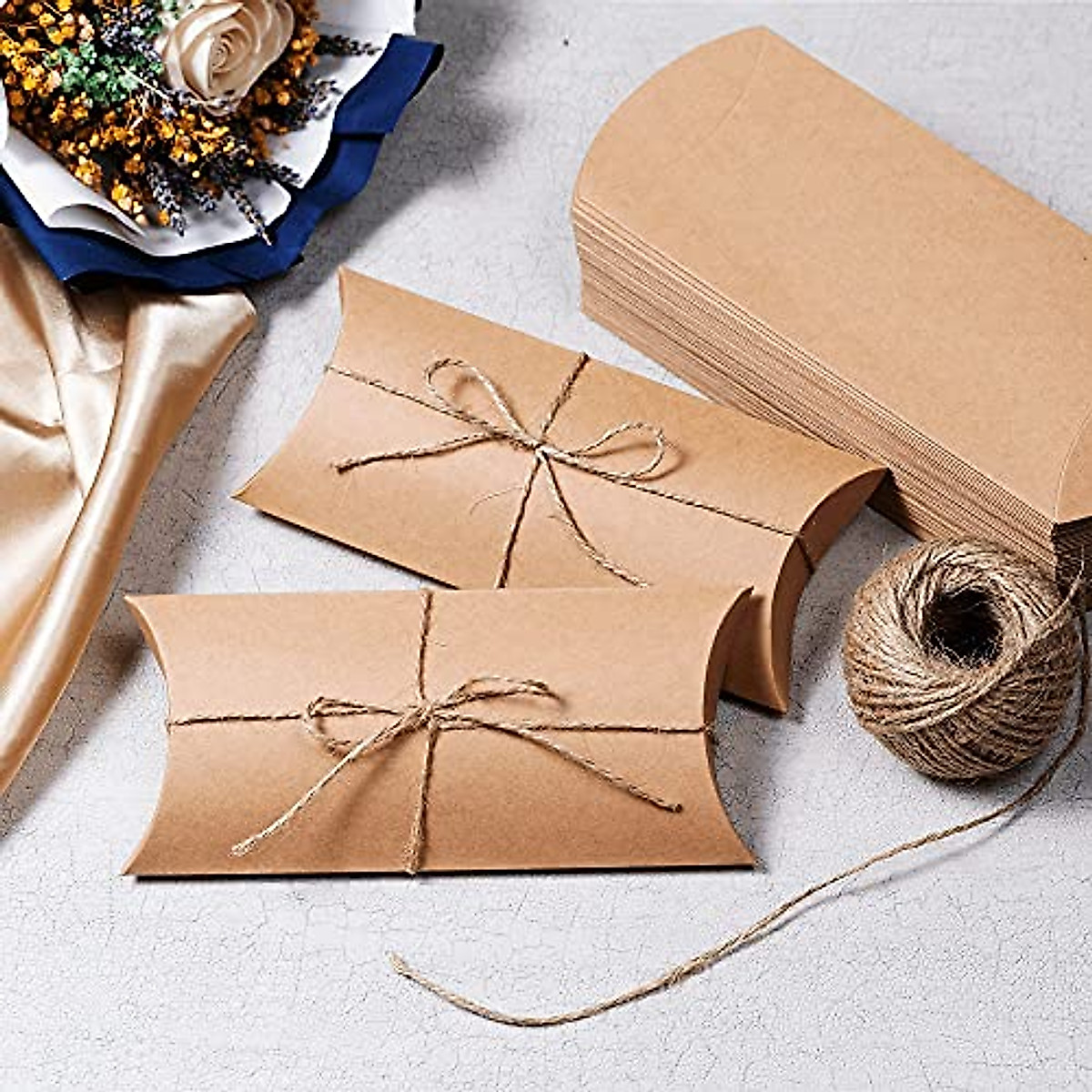 Pillow Boxes, 100-Pack Pillow Gift Boxes with Twine Rope, Kraft Mini Favor Boxes, 7.5 x 3.7 x 1.2 Inches