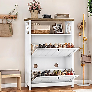 DWVO Shoe Cabinet Entryway, White Shoe Storage Cabinet with 2 Flip Drawers, Free Standing Hidden Narrow Shoe Rack Shoe Storage Organizer for Entryway/Hallway/Closet, White