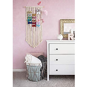 Mkono Macrame Bow Holder Hanging Hair Bow Organizer for Girls Hair Bows,Boho Wall Hair Clips Headband Storage Hanger for Baby Toddler Girls Room, Ivory (Clips and Other Props Not Included)