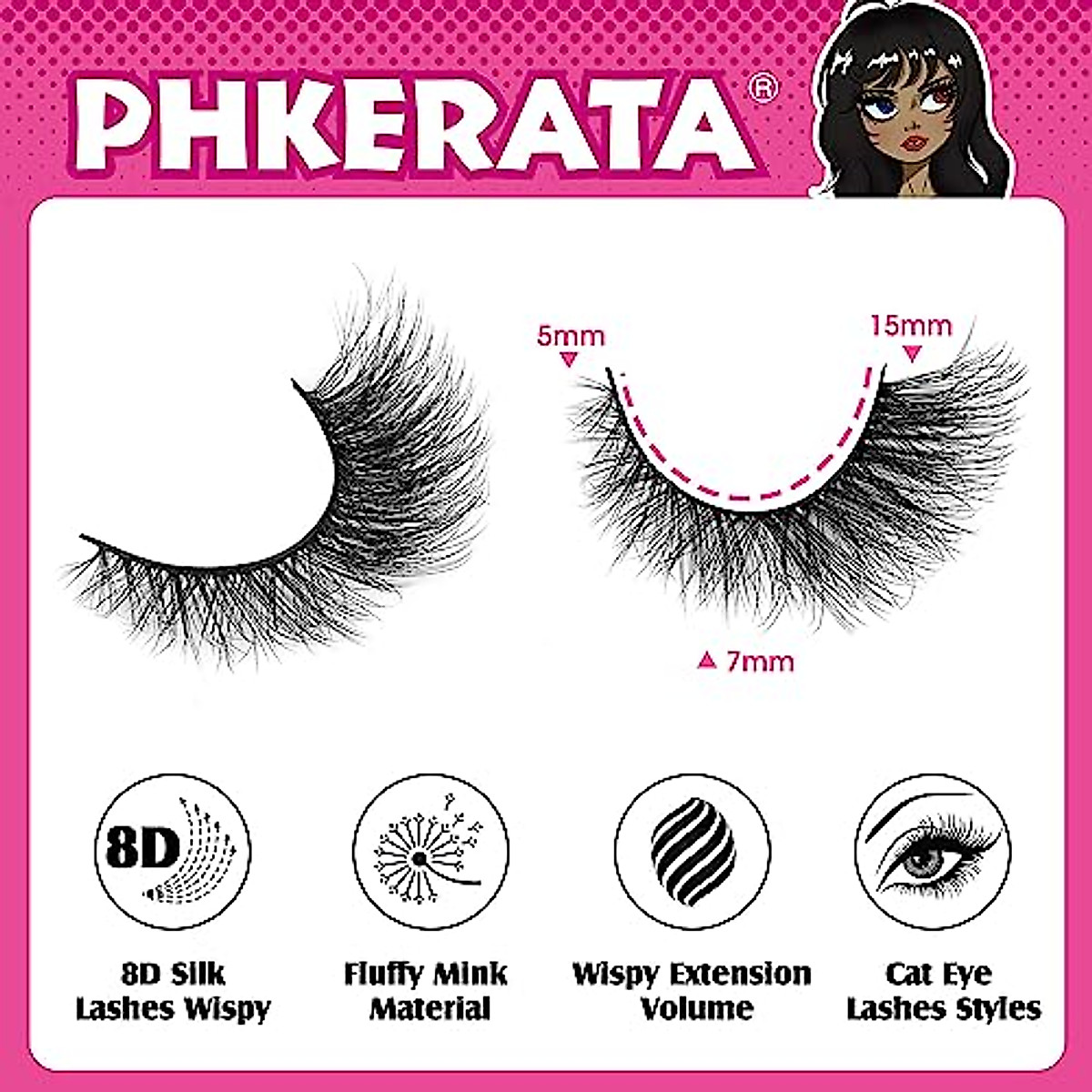 Lashes Natural Look Cat Eye False Eyelashes Mink Fluffy Fox Eye Lashes Wispy 15mm 6D Volume Strip Fake Eyelash Extension Look by PHKERATA, 7 Pairs Pack