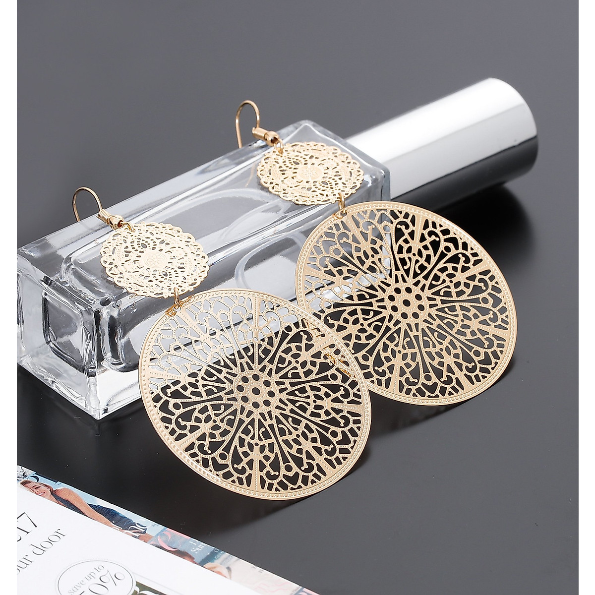 Filigree Disc Drop Earrings Double Round Disc Statement Earrings Metallic Brass Disc Dangle Hook Earrings