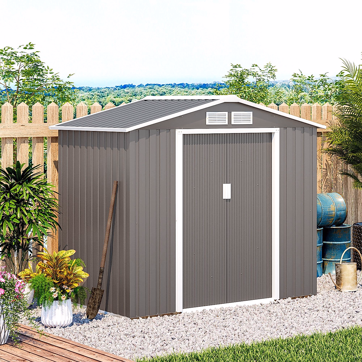 Outsunny 7' x 4' Outdoor Storage Shed, Garden Tool Metal Shed with Foundation Kit, Double Lockable Door, Air Vents and Sloping Roof, for Backyard, Patio, Lawn, Gray
