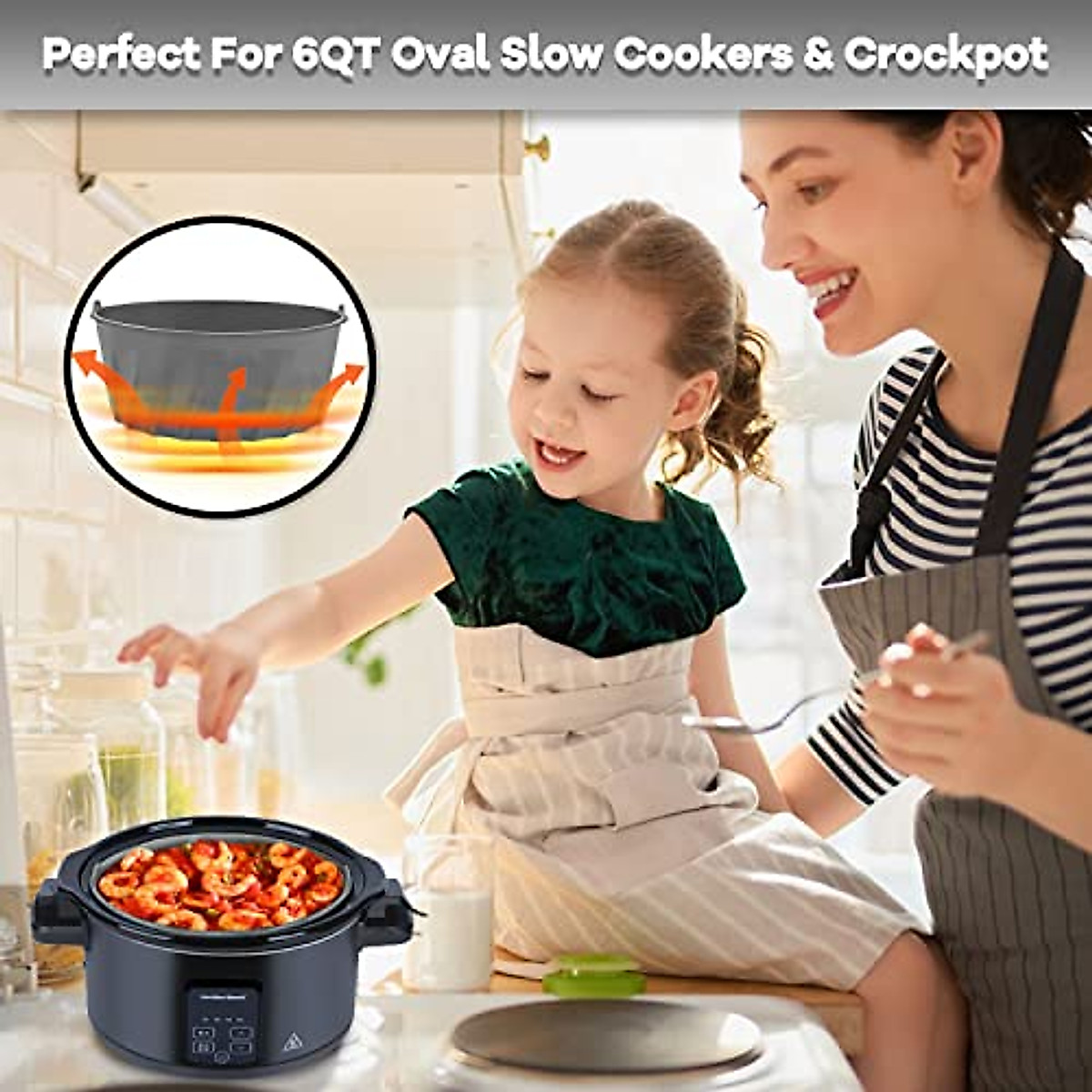 Silicone Slow Cooker Liner - Reusable, Leakproof & BPA-Free, Fits 6-7 Quart Oval Crock-Pot, Compatible with Hamilton Beach, Dishwasher Safe Cooking Liner (Grey)