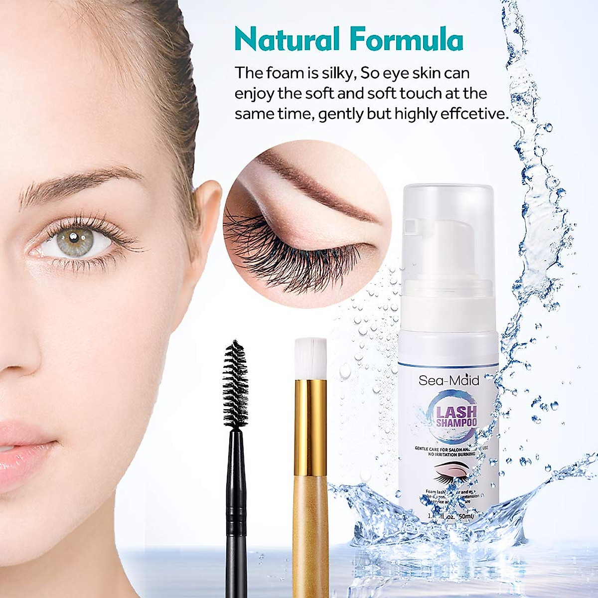 Eyelash Extension Cleanser Kit with Lashes Makeup Brush Tool-50ML Daily Foaming Eyelash Extension Shampoo/Wash for Extensions and Natural Lashes Shampoo