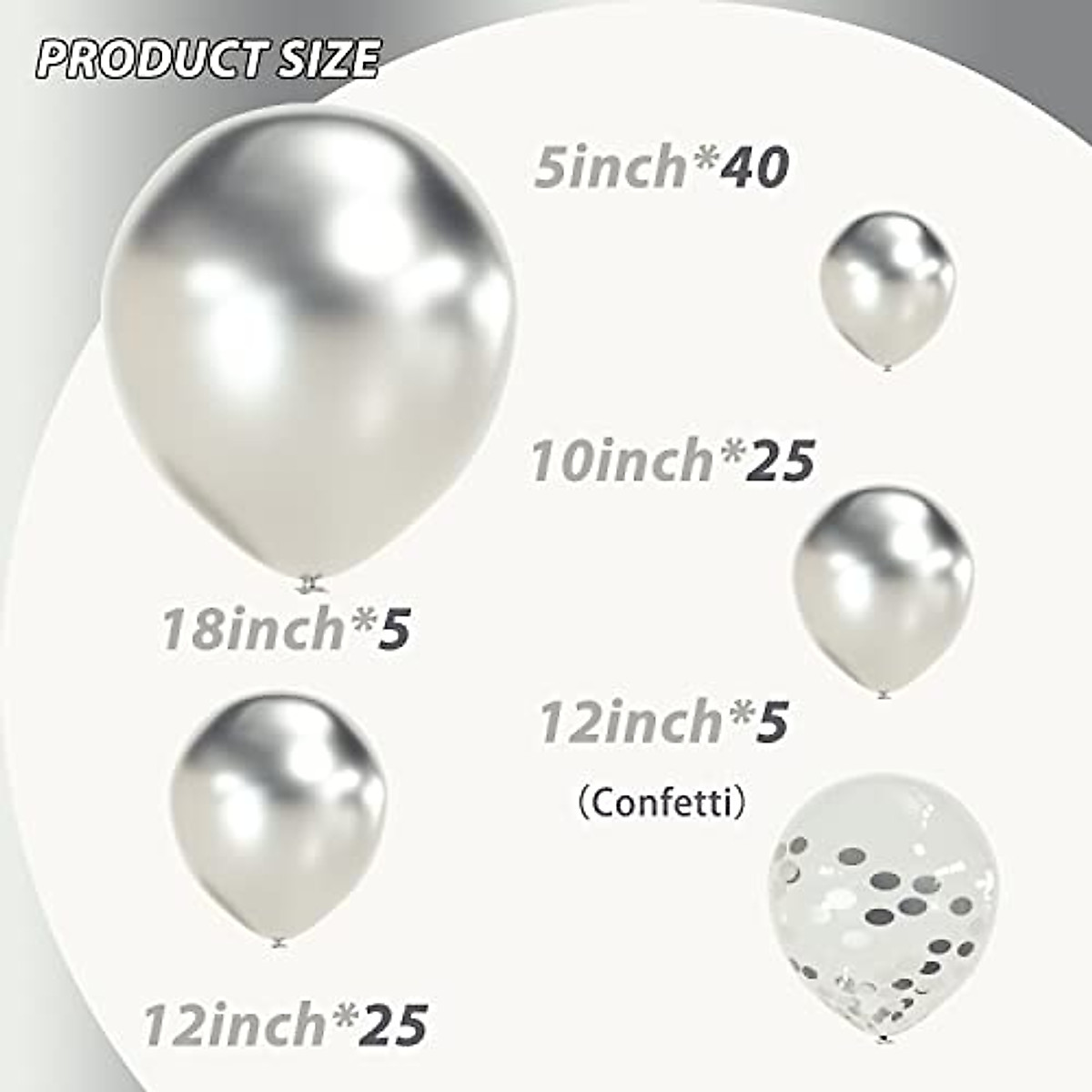 Metallic Silver Balloon Garland Arch Kit 100 Pack 18/12/10/5 Inch Latex Party Balloons Different Sizes Confetti Balloons Chrome Balloon for Engagement Wedding Graduation Christmas Party Decorations