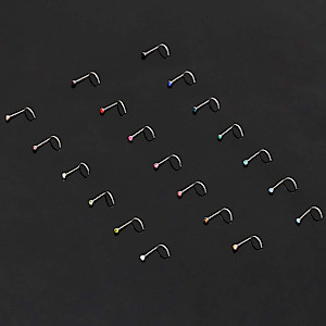 CrazyPiercing 20pcs Colorful Rhinestone Steel Screw Nose Rings Studs Bar Pin Piercing Jewelry