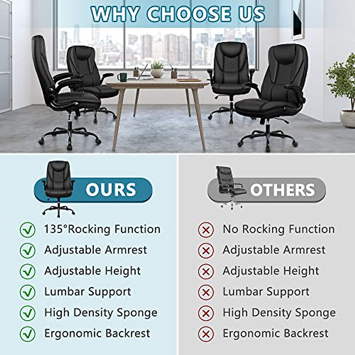 Guessky Office Chair, Executive Office Chair Big and Tall Office Chair Ergonomic Leather Chair with Adjustable Flip-Up Arms High Back Home Office Desk Chairs Computer Chair with Lumbar Support (Black)