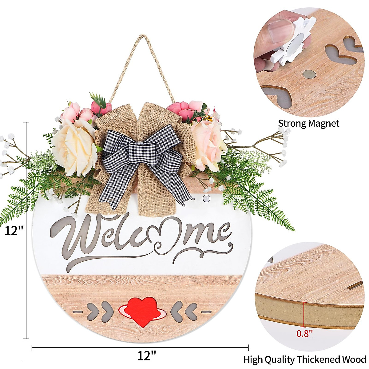 Interchangeable Welcome Sign with Automatic Induction Light, Welcome Sign for Front Door, Welcome Door Sign with 8 Interchangeable Seasonal Icons, Welcome Sign Wall Hanging Farmhouse(Wood Grain)